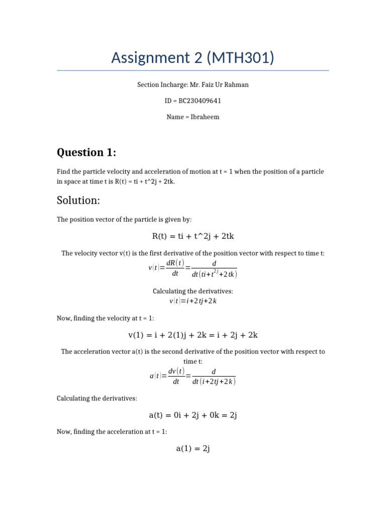 Assignment 2 MTH301 Solution BC230409641 Ibraheem | PDF | Acceleration | Velocity