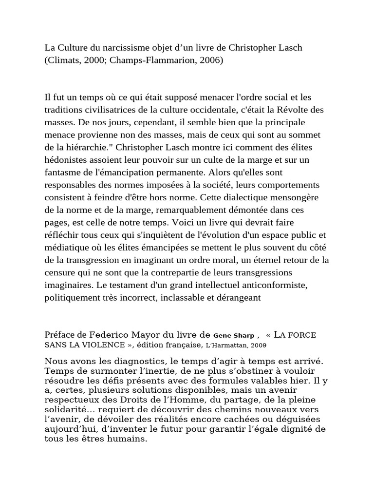 Critique de la Culture du Narcissisme par Lasch | PDF | Paix | La violence