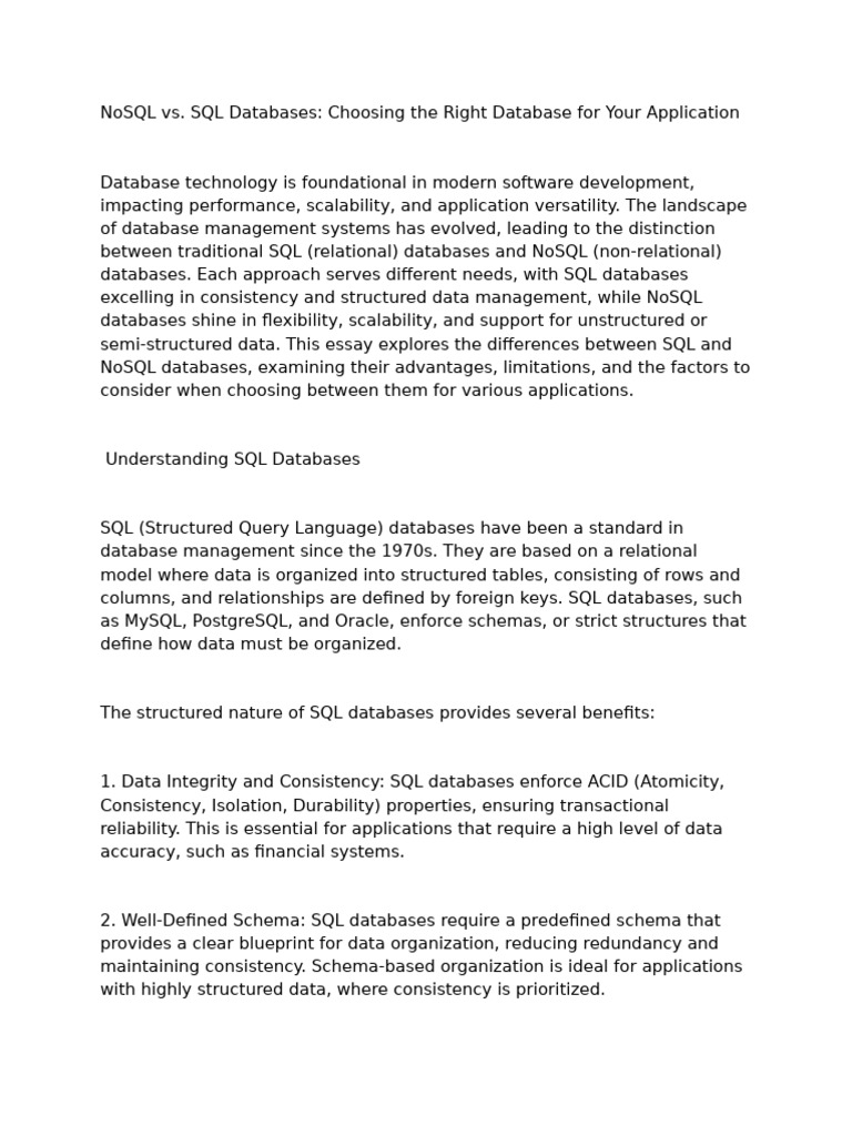 NoSQL vs. SQL Databases Choosing The Right Database For Your Application | PDF | No Sql | Databases