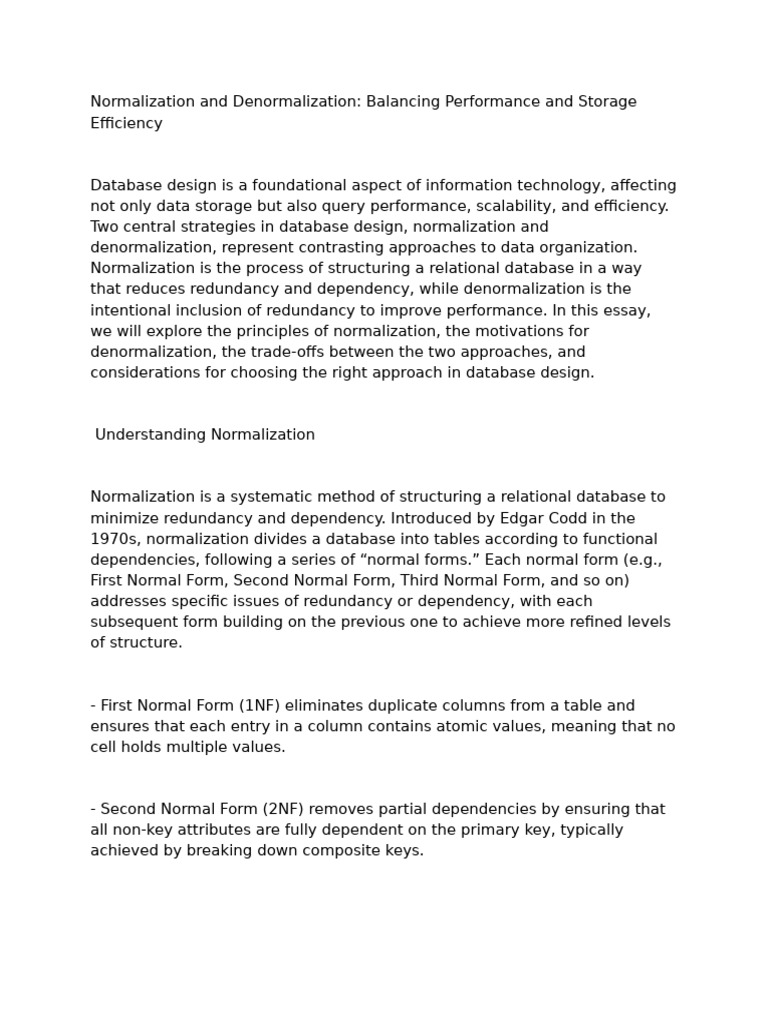 Normalization and Denormalization Balancing Performance and Storage Efficiency | PDF | Databases ...