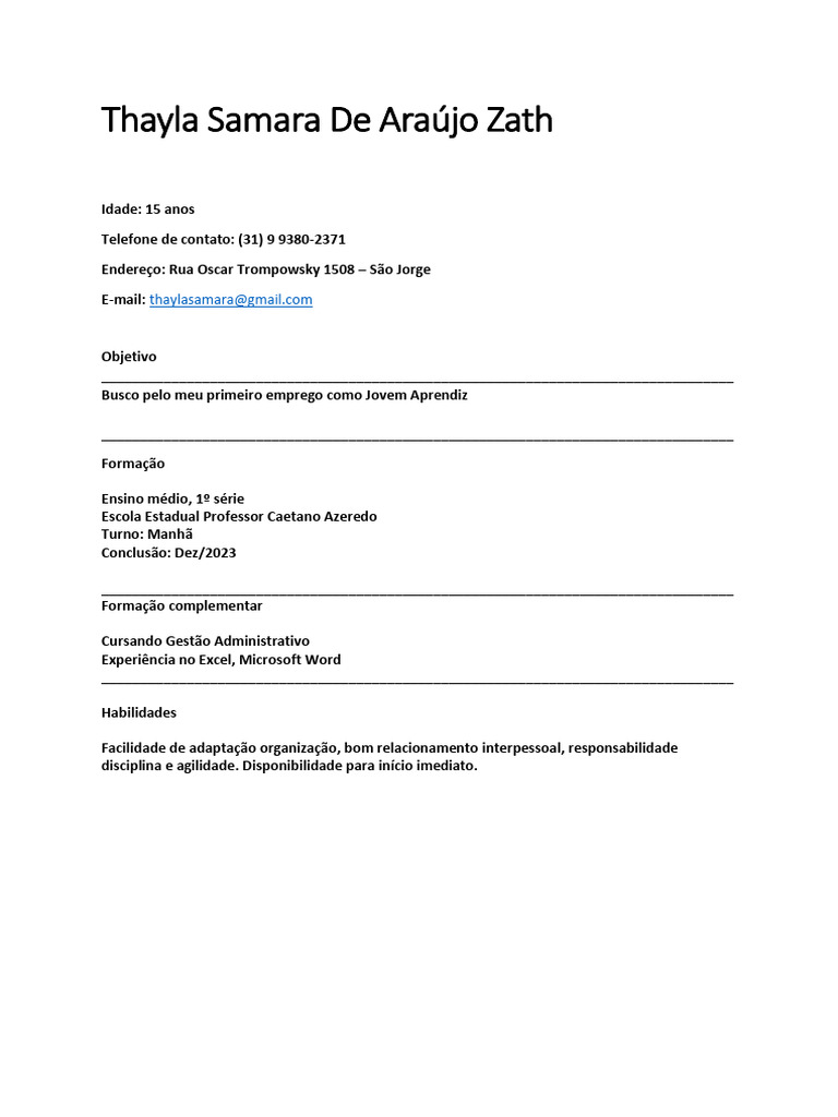 Curriculo Thayla Samara | PDF