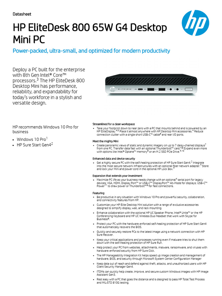 Datasheet HP EliteDesk 800 65W G4 Desktop Mini PC DOKMEHA | PDF | Usb ...