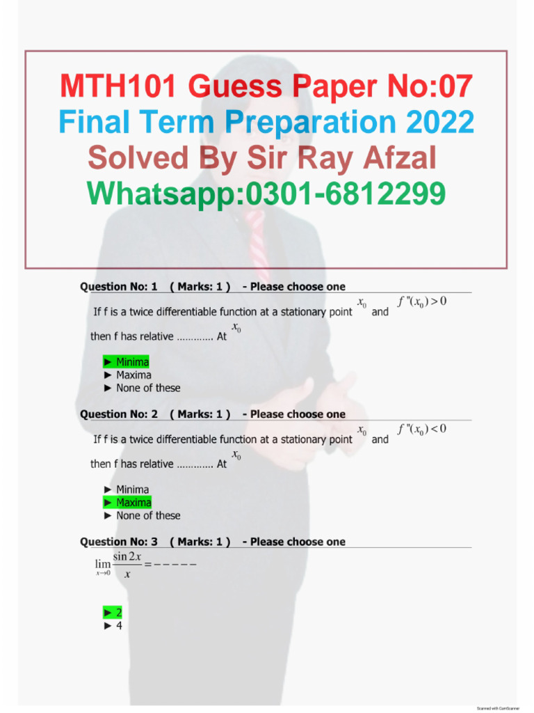 MTH101 Final Term Guess Paper No-07 by Sir Ray Afzal | PDF