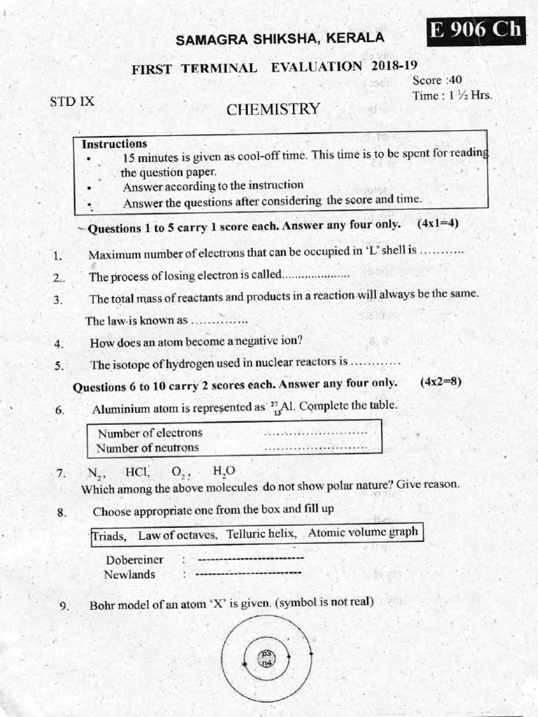 CHEMISTRY English Medium Question Paper - First Term Exam 2018 STD IX | PDF