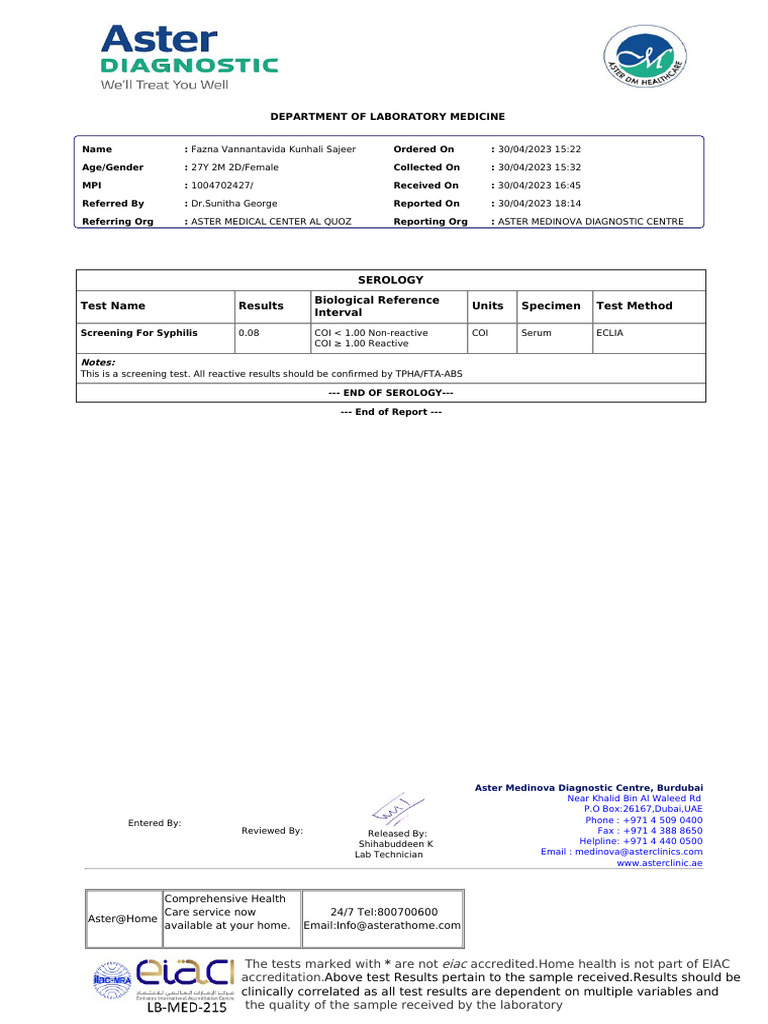 Syphilis Screening Test Report | PDF | Medical Tests | Clinical Pathology