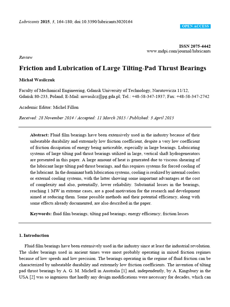 Friction and Lubrication of Large Tilting Pad Thrust Bearings | PDF ...