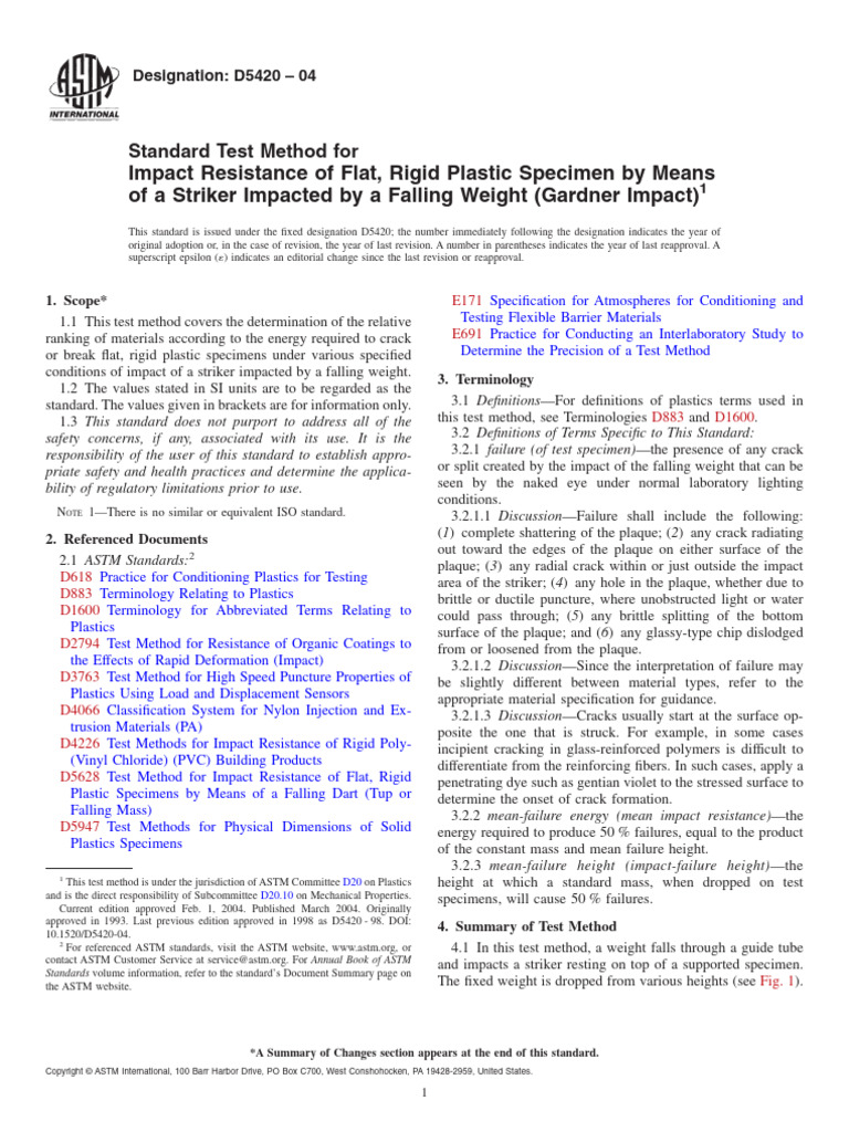 Impact Resistance of Flat, Rigid Plastic Specimen by Means of A Striker ...