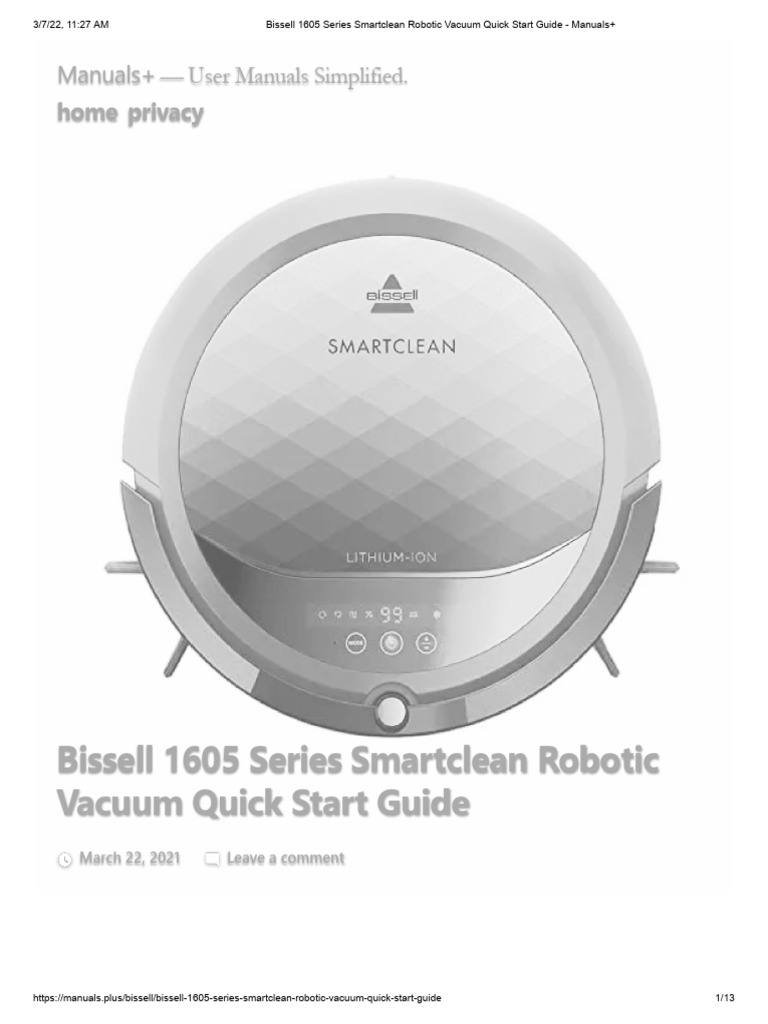 Bissell 1605 Series Smartclean Robotic Vacuum Quick Start Guide - Manuals+ | PDF | Vacuum ...