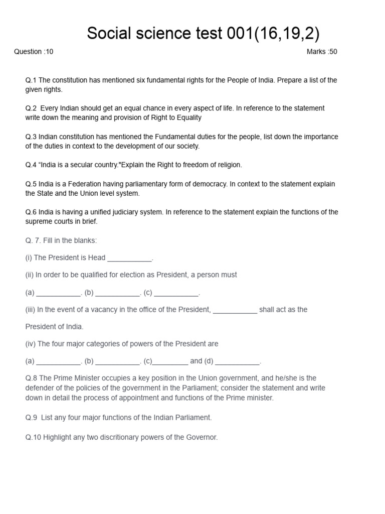 Social Science Test 001 (16,19,2) | PDF