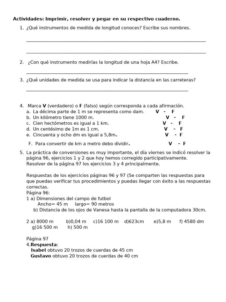 Actividades de Medidas de Longitud. | PDF
