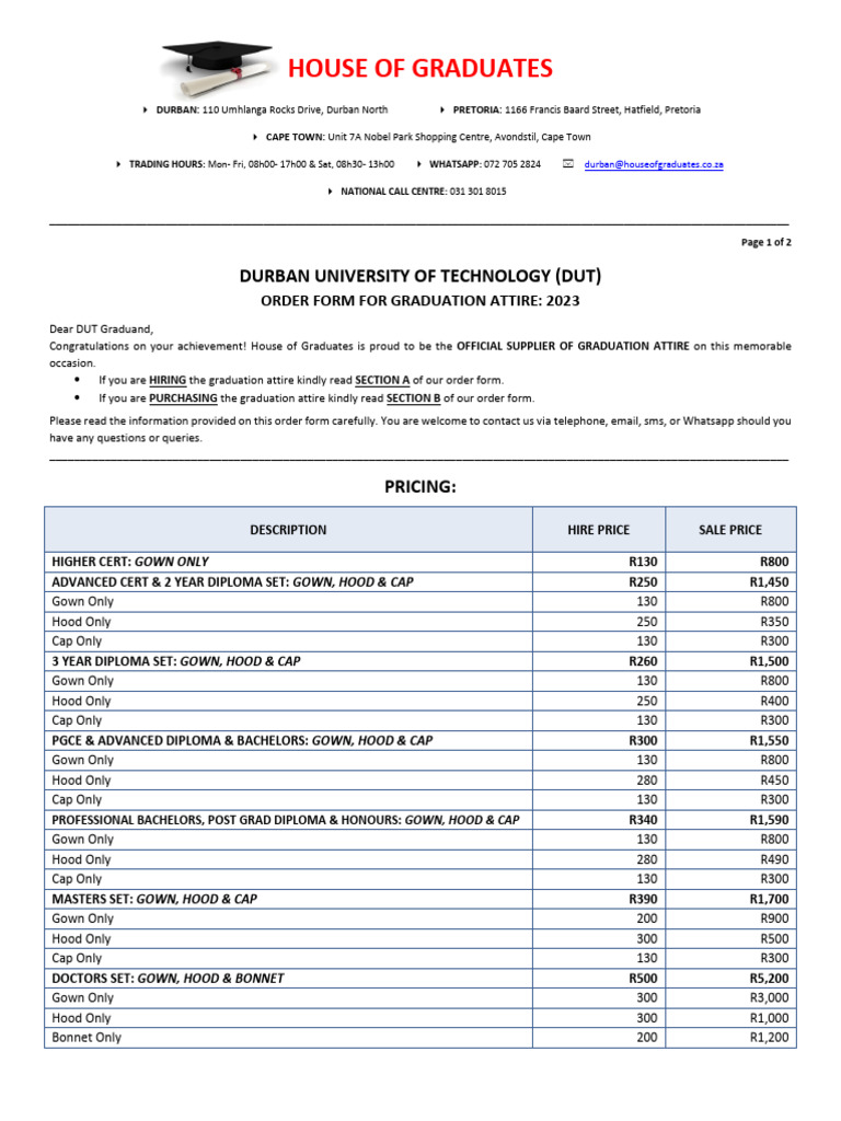 DUT Graduation Attire Order Form | PDF | Cash | Automated Teller Machine