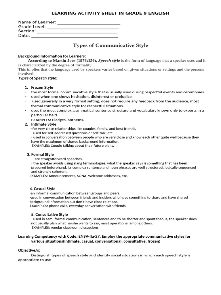 Types of Communicative Style | PDF | Speech | Conversation