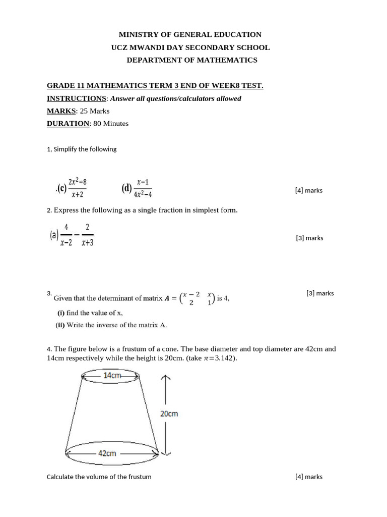 Grade 11 Math Test - Term 3 Week 8 | PDF