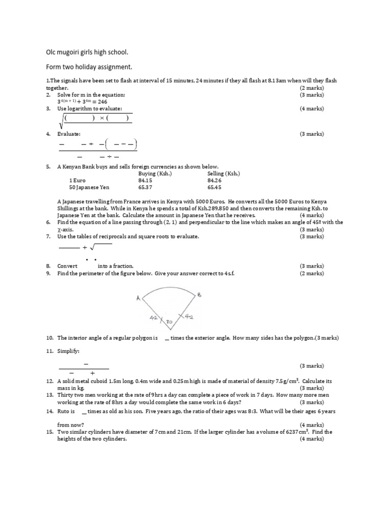 Olc Mugoiri Girls High School. Form Two Holiday Assignment | PDF ...