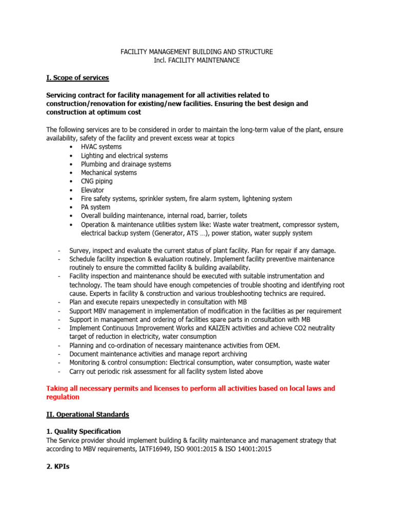 SoW - Facility Management Building & Structure | PDF | Safety | Iso 9000