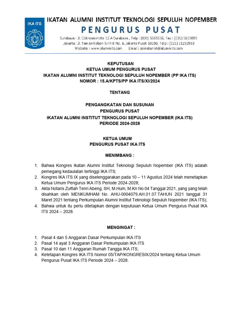 KPTS-SK Susunan Pengurus PP IKA ITS 011124 - FINAL | PDF