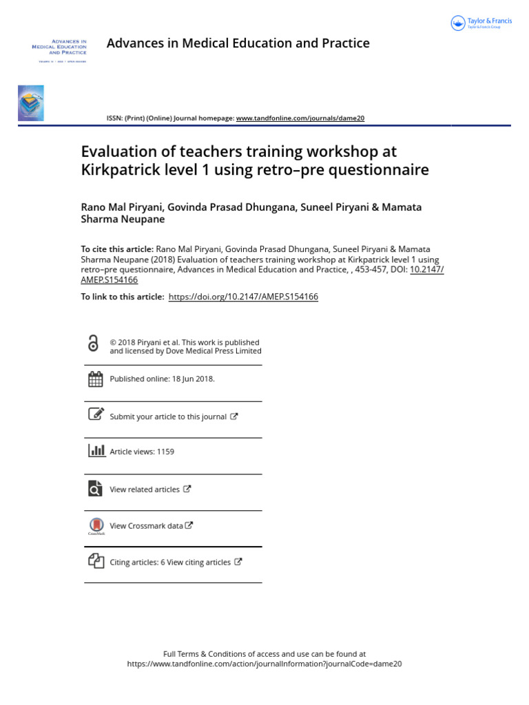 Evaluation of Teachers Training Workshop at Kirkpatrick Level 1 Using Retro Pre Questionnaire ...