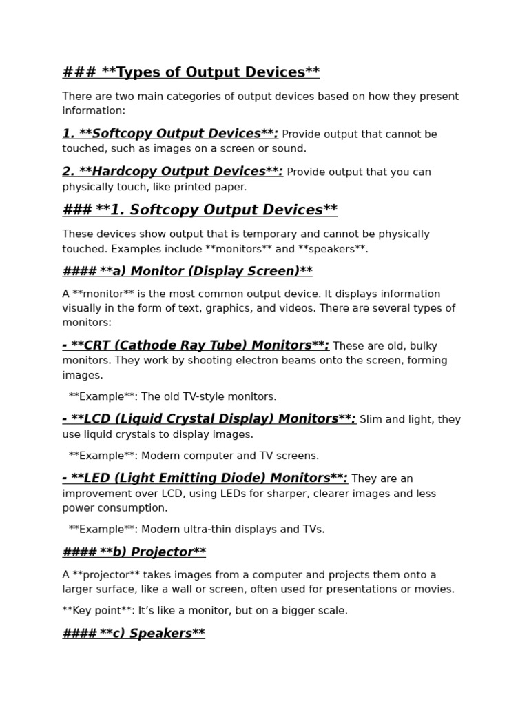 Types of Output Devices | PDF | Printer (Computing) | Computer Monitor