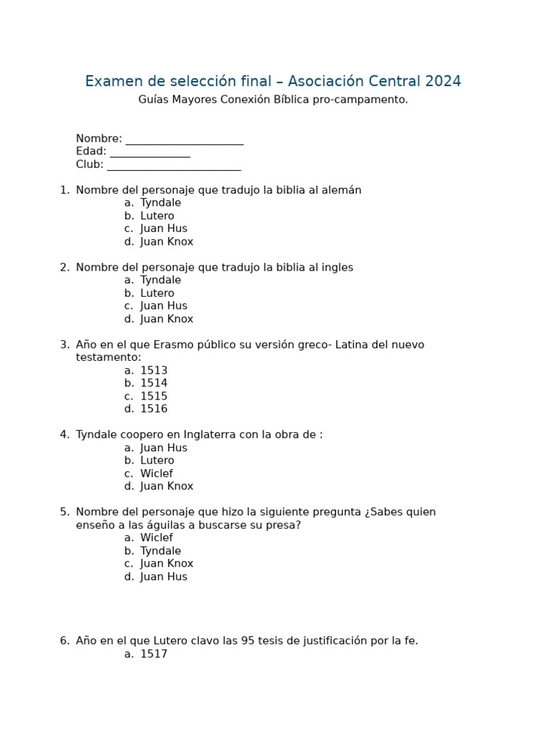 Examen de Genesis 1 Al 25 de Selección Final GM CB | PDF | Martin ...
