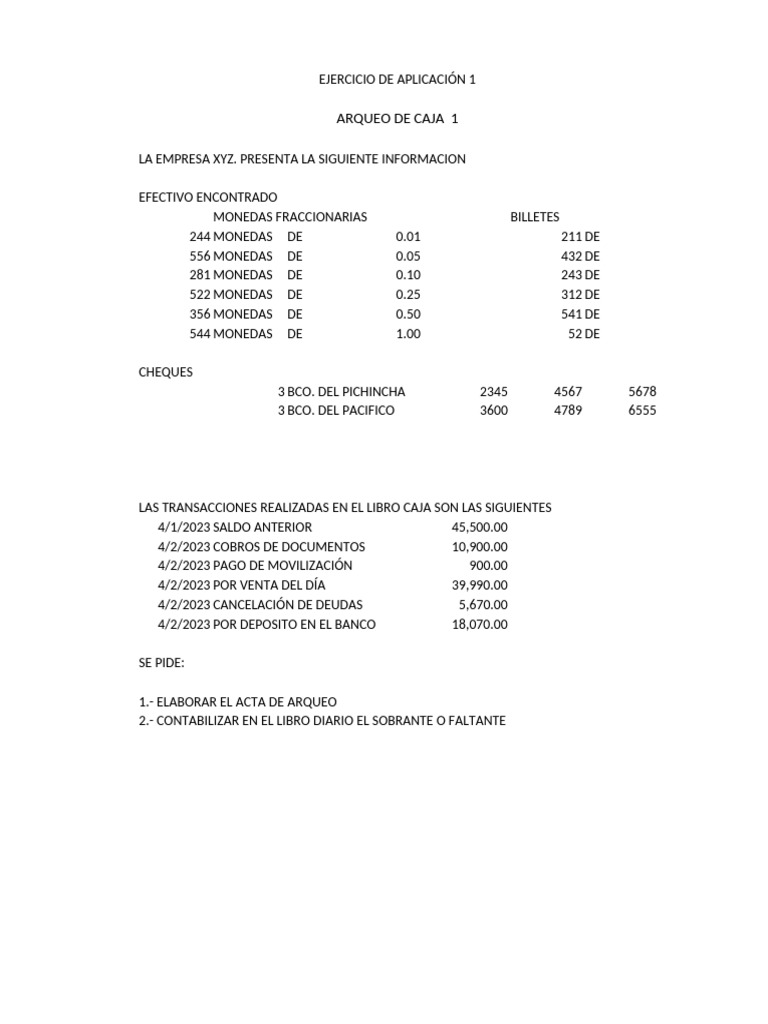 Arqueo de Caja: Ejercicios Prácticos | PDF | Cheque | Contabilidad