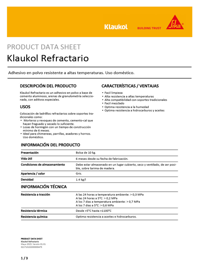 Klaukol Refractario | PDF | Cemento | Hormigón