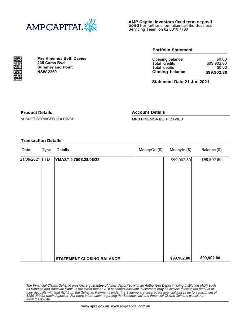 AMP Capital Fixed Term Deposit Statement | PDF | Deposit Insurance ...