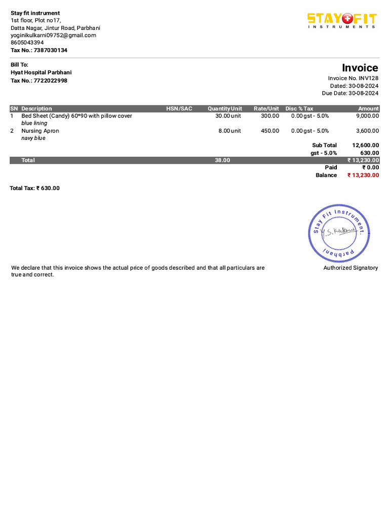Stay Fit Instrument - Sales - Invoice - INV128 | PDF | Finance & Money ...