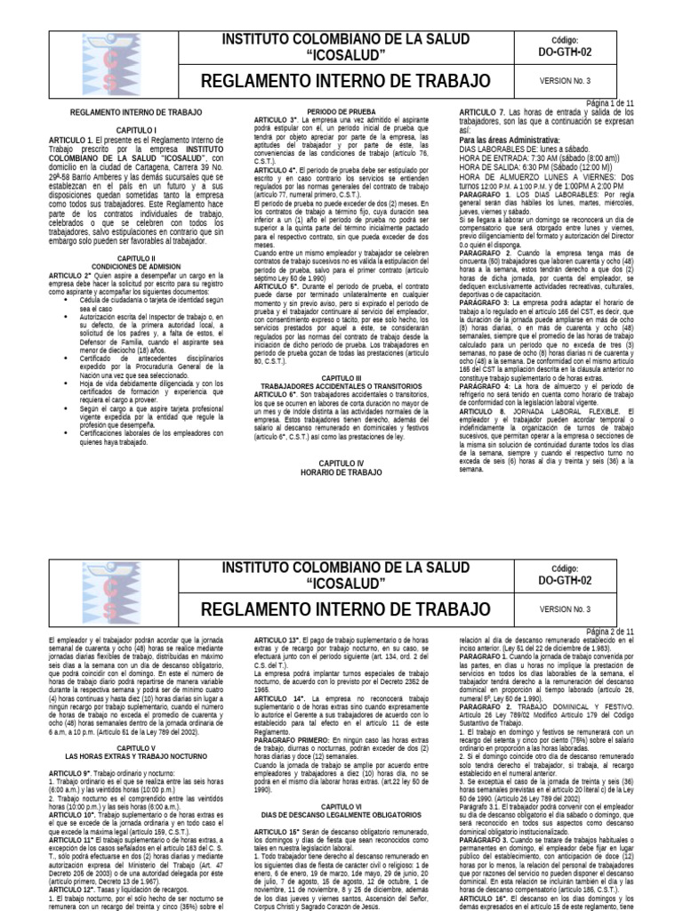 Modelo Reglamento Interno | PDF | Salario | Tiempo de trabajo