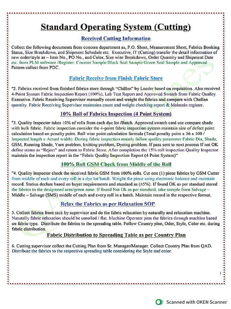 Cutting Section SOP | PDF
