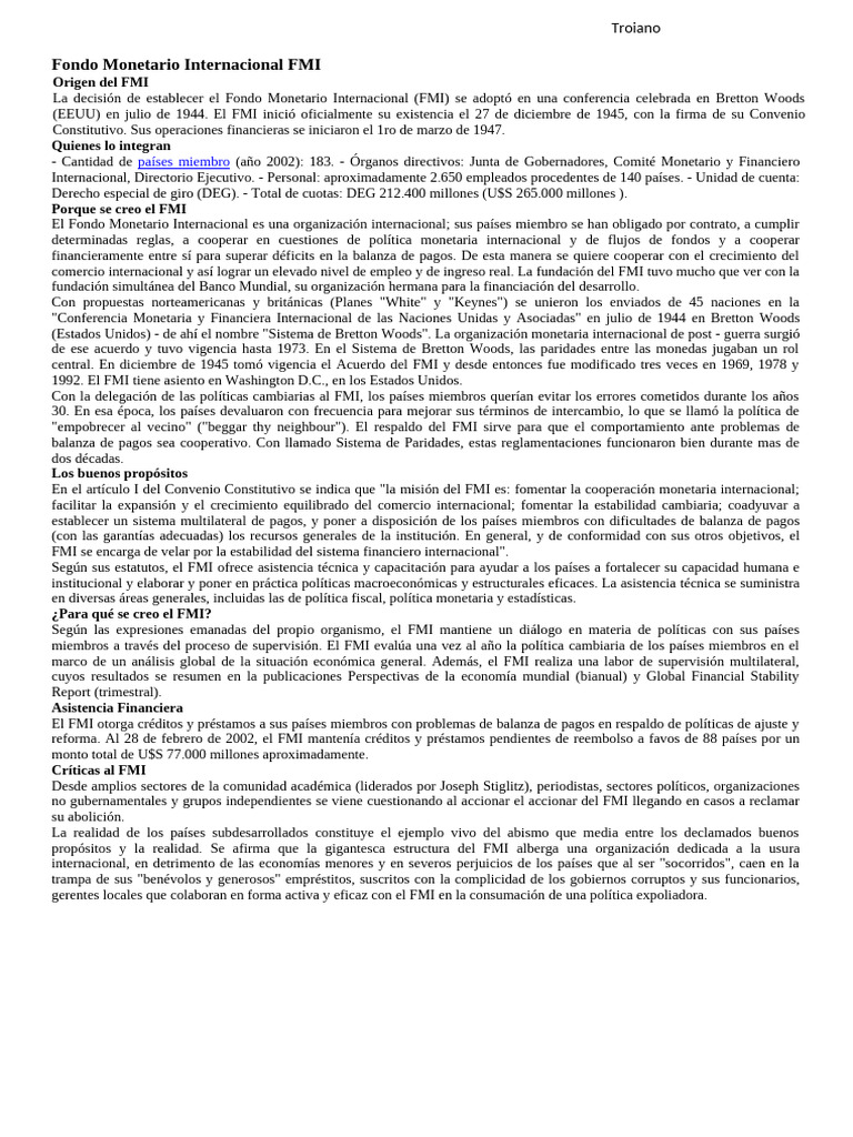 Fondo Monetario Internacional FMI | PDF | Fondo Monetario Internacional | Sistema Bretton Woods