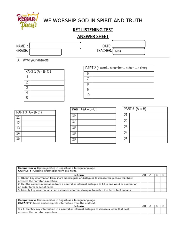 Ket Listening Answer Sheet | PDF