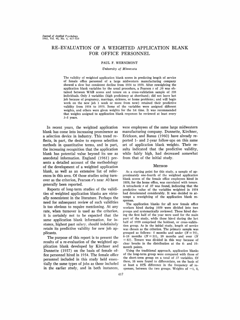 Reevaluation of a Weighted Application Blank for Office Personnel ...