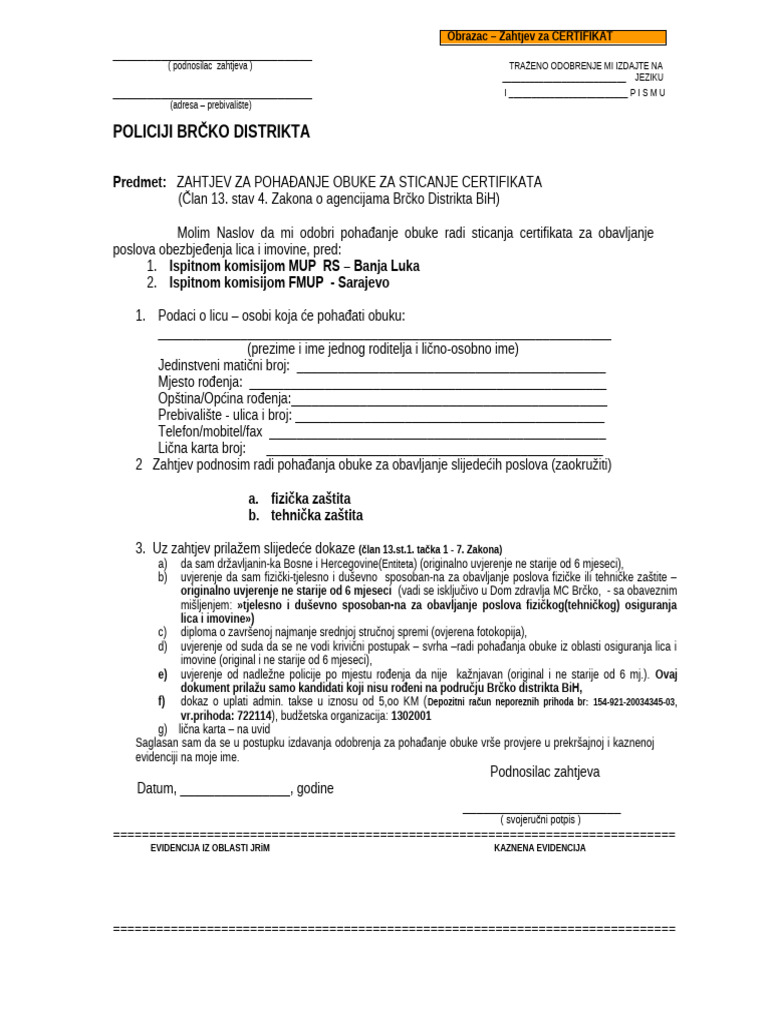 Obrazac - Zahtjev Za Pohaanje Obuke Za Sticanje Certifikata Za Poslove ...