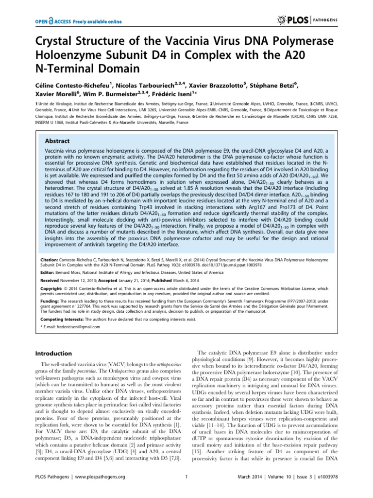 Crystal Structure of The Vaccinia Virus DNA Poly. D4 | PDF | Dna | Proteins
