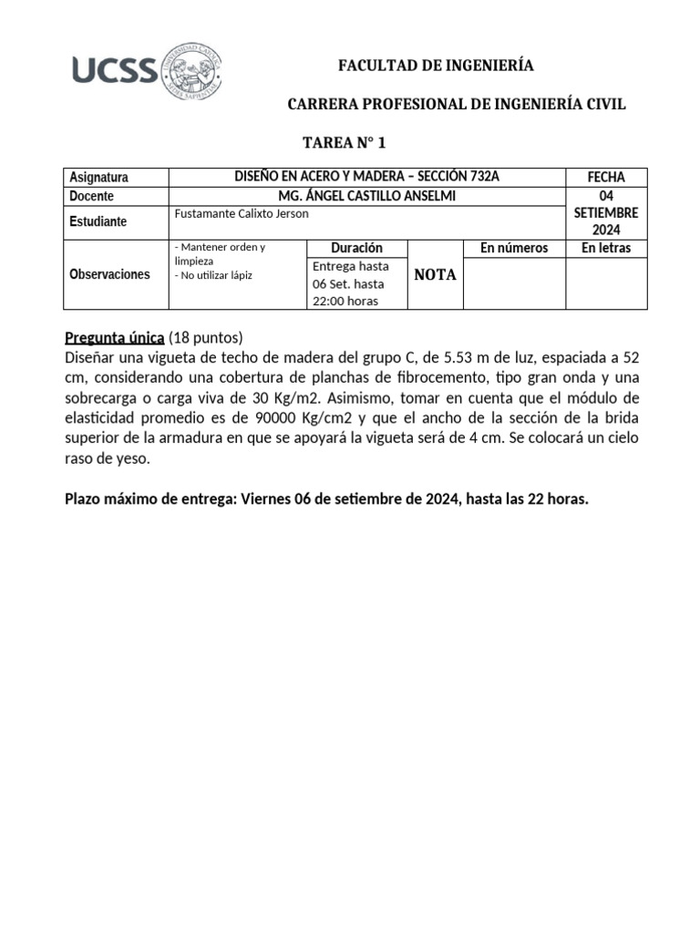 Tarea #1 de Diseño en Acero y Madera, Sección 732A 2024 2 | PDF