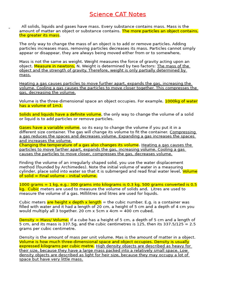 Science CAT Notes | PDF | Gases | Volume