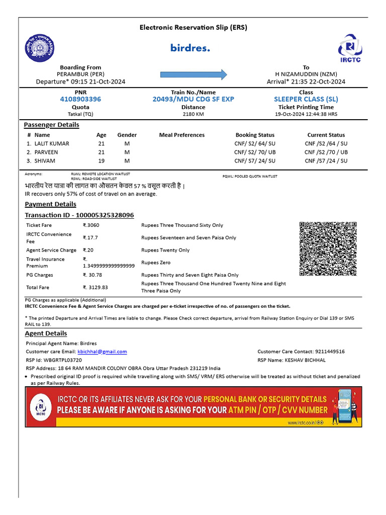 20493/mdu CDG SF Exp Sleeper Class (SL) : Electronic Reserva On Slip ...