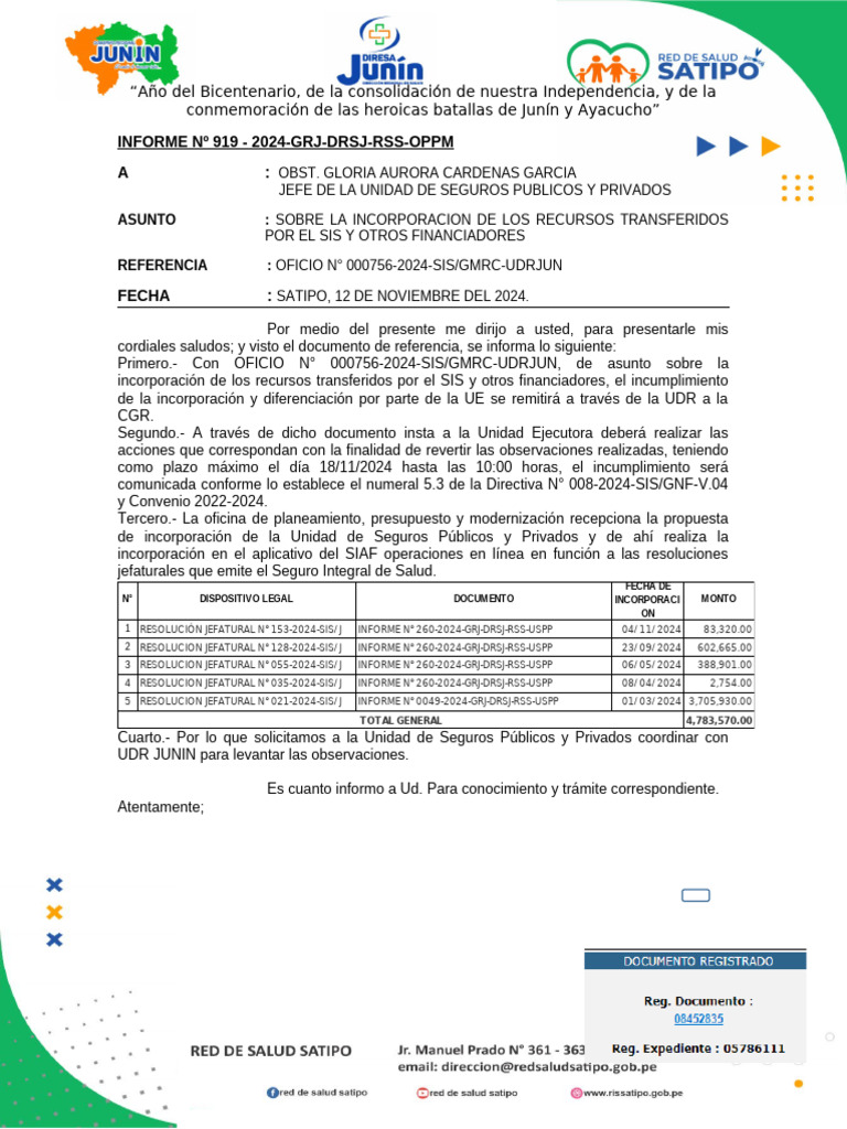 Informe #919-2024-Sobre La Incorporacion Del Sis y Otros Financiadores ...