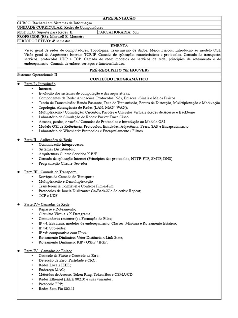 00 - Plano de Ensino - BSI 4 Redes de Computadores 2012 - 1 | PDF | Rede de computadores ...
