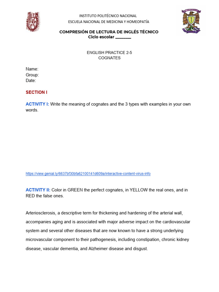 English Practice 2-6 - Cognates | PDF | Medicine | Human Diseases And ...