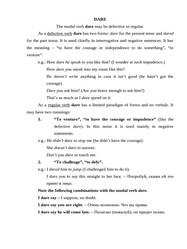 Understanding the Modal Verb "Dare" | PDF | Language Arts & Discipline ...