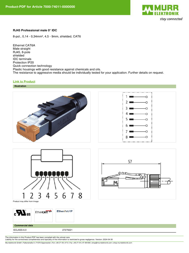 RJ45 Professional Male 0° IDC CAT6A | PDF | Electronics | Electrical Components