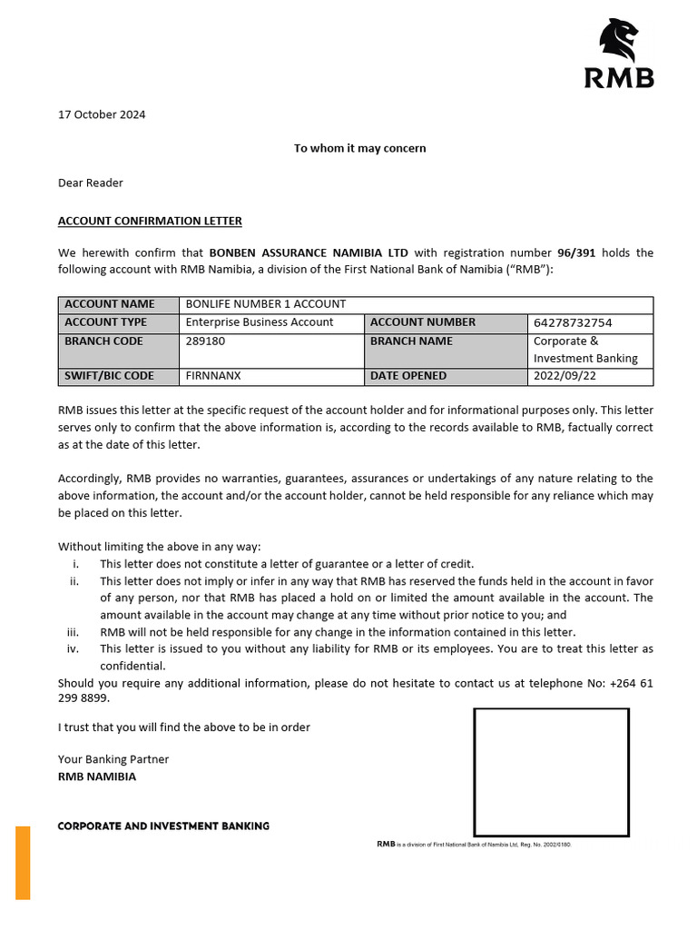 Account Confirmation Bank Letter BONLIFE NUMBER 1 ACCOUNT | PDF ...