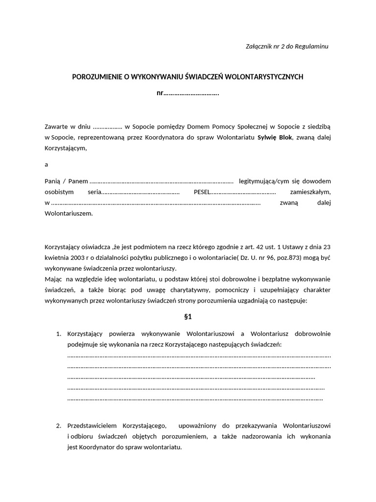 Załącznik NR 2 POROZUMIENIE O WYKONYWANIU ŚWIADCZEŃ WOLONTARYSTYCZNYCH | PDF
