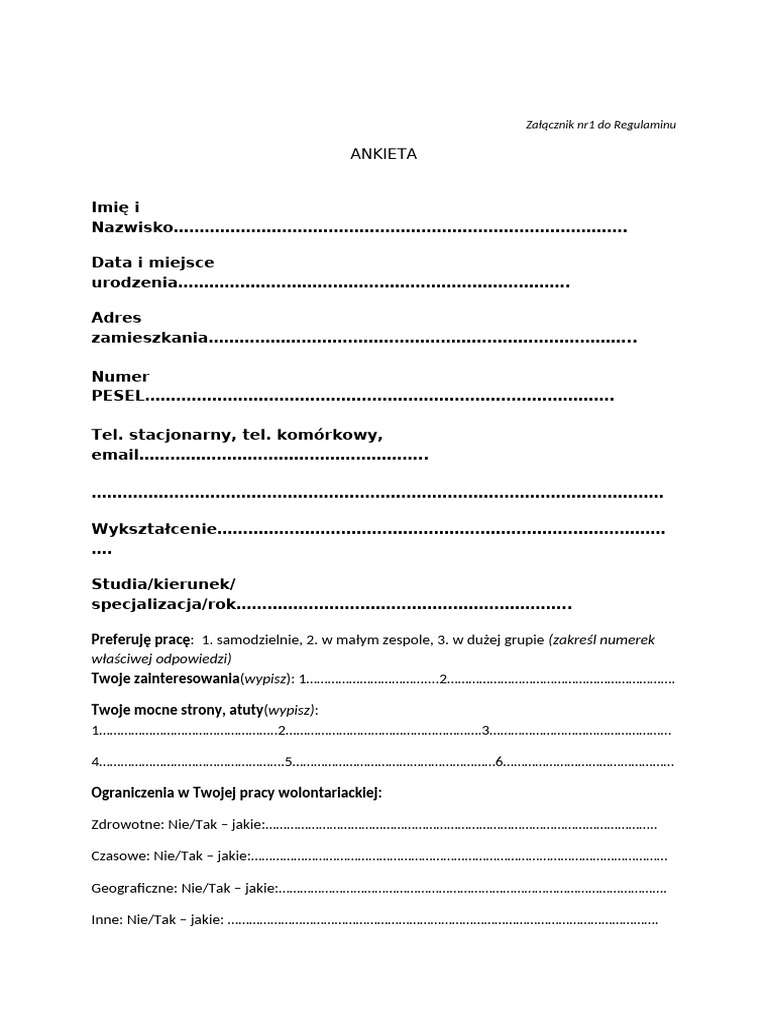 Załącznik NR 1 ANKIETA | PDF