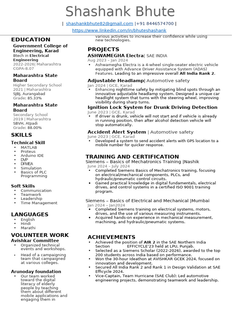 Shashank Bhute CUS Resume | PDF | Headlamp | Programmable Logic Controller
