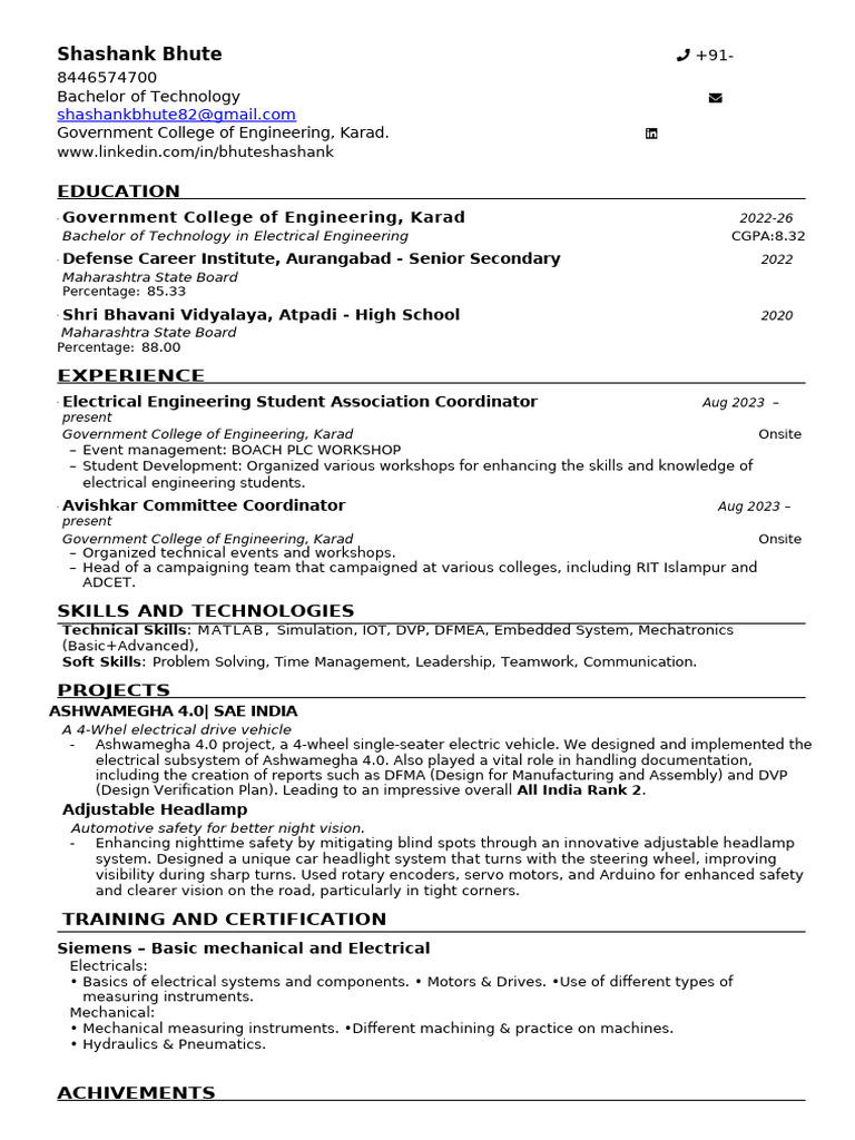 Shashank Resume SIEMENS | PDF | Headlamp | Engineering