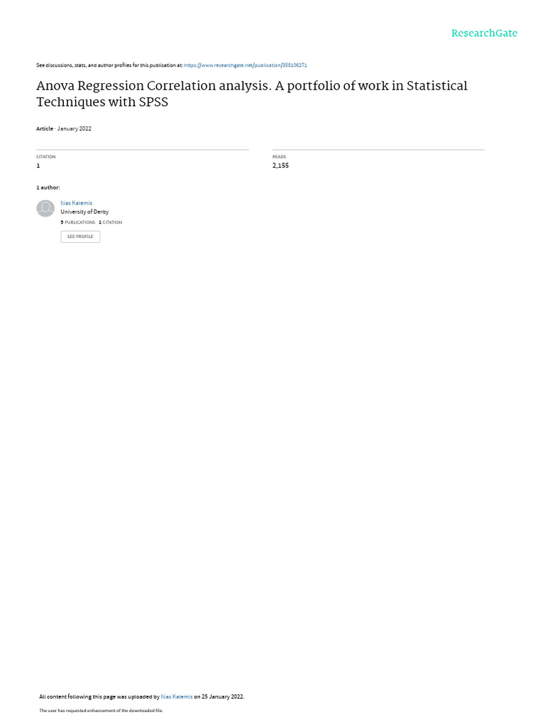 Anova Regression Correlation Analysis A Portfolio of Work in Statistical Techniques With SPSS ...