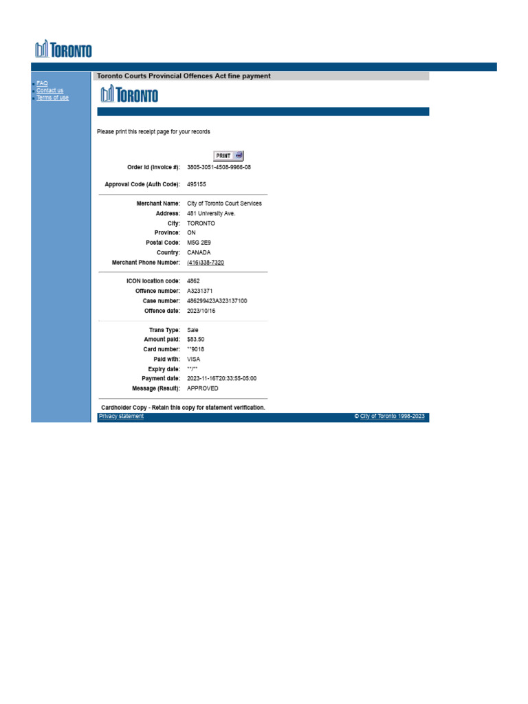 Toronto Provincial Offences Payment Receipt | PDF