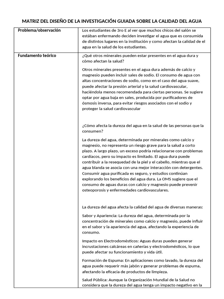 Matriz Del Diseño de La Investigación Guiada Sobre La Calidad Del Agua ...